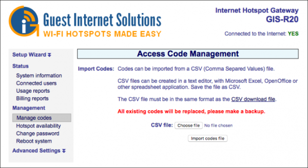 Import and Export Codes | Guest Internet